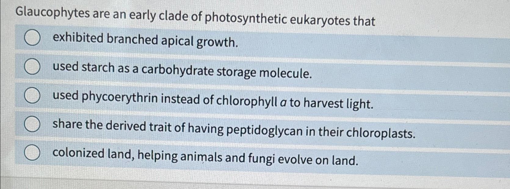 Solved Glaucophytes are an early clade of photosynthetic | Chegg.com