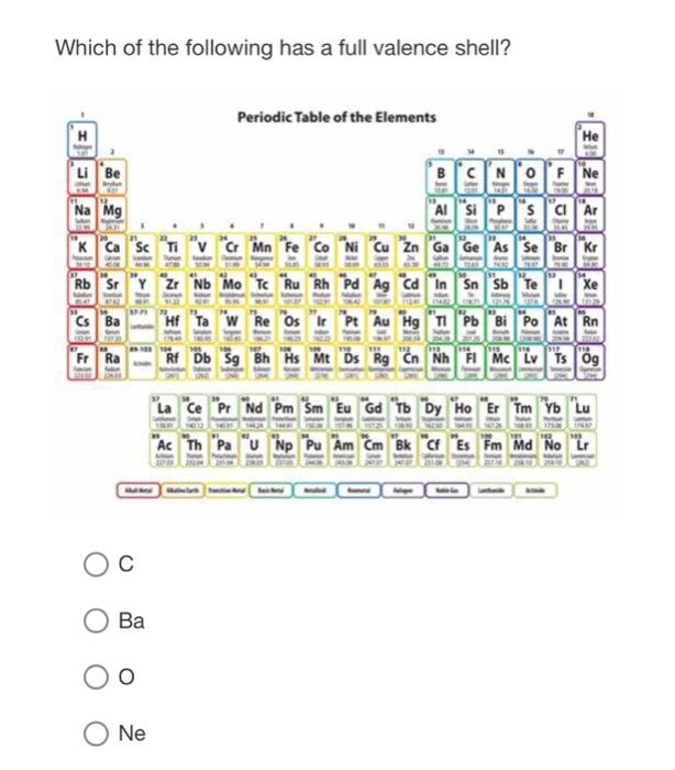 Solved Which of the following has a full valence shell? C Ba | Chegg.com