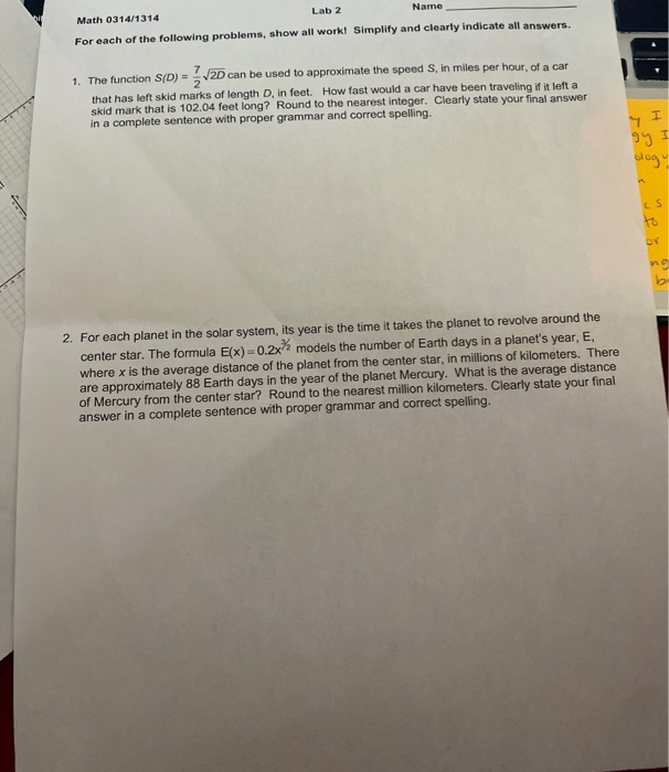 Solved Math 0314/1314 Lab 2 Name For each of the following | Chegg.com