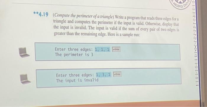 Solved -4.19 (Compute the perimeter of a triangle) Write a | Chegg.com