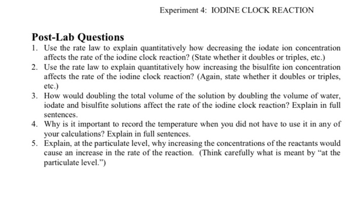 Solved Experiment 4: IODINE CLOCK REACTION Post-Lab | Chegg.com