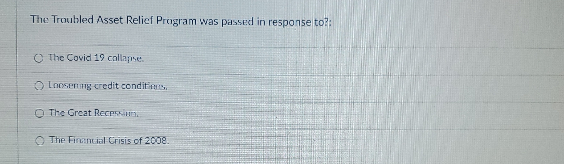 Solved The Troubled Asset Relief Program was passed in | Chegg.com