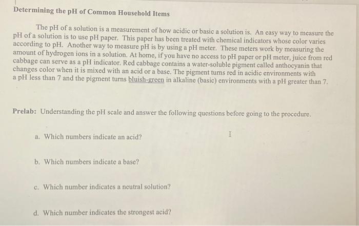Solved Determining the pH of Common Household Items The pH | Chegg.com
