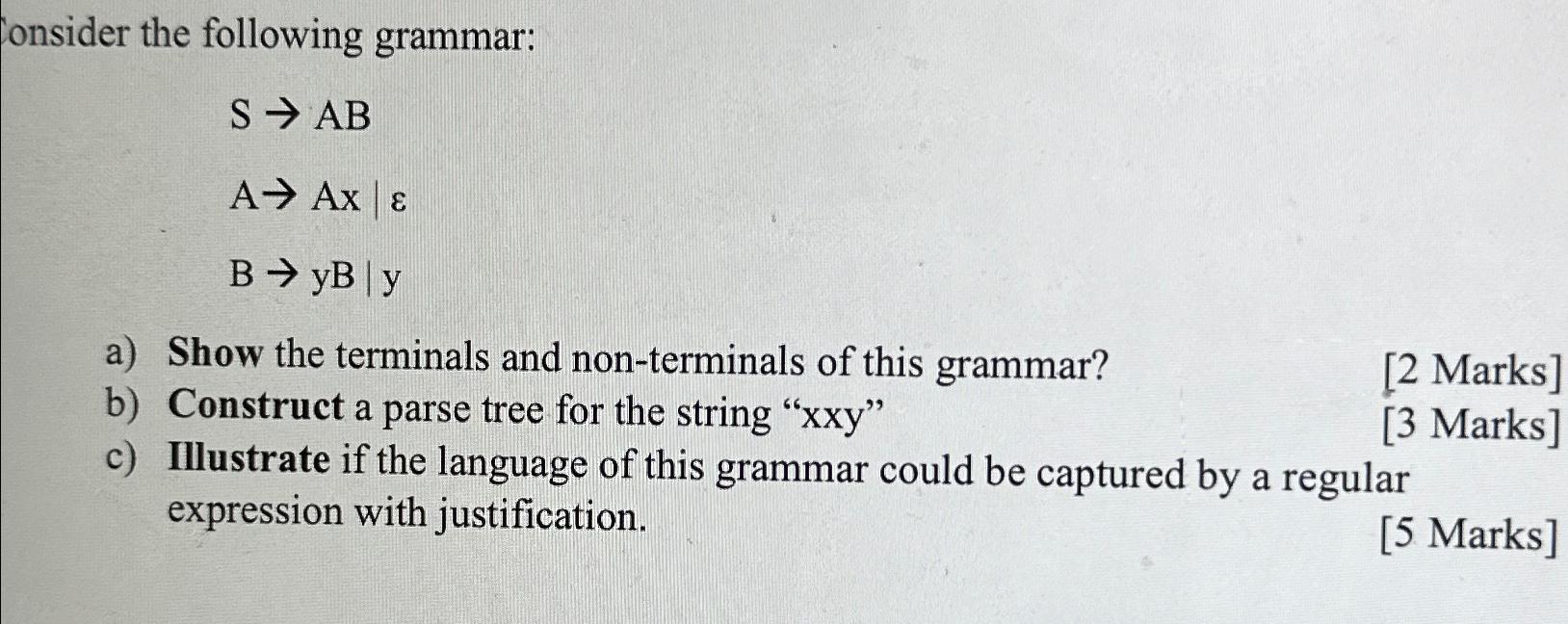 Solved onsider the following grammar:S→ABA→Ax|ε|B→yB|y|a) | Chegg.com
