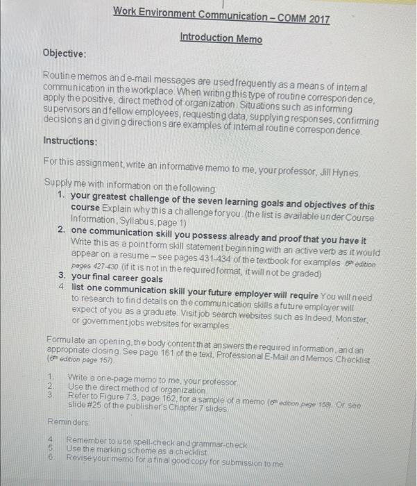 Introduction Memo Objective: Routine memos an de-mail | Chegg.com