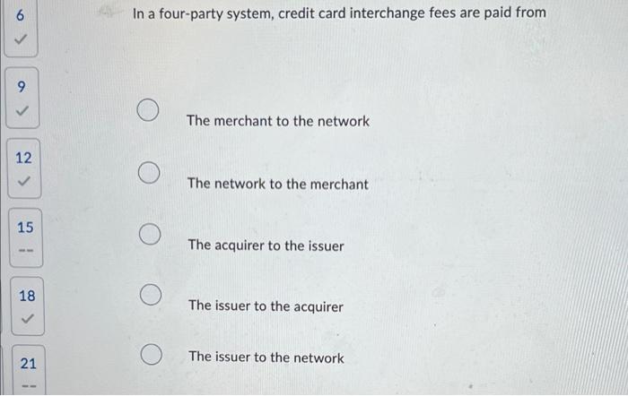 Solved 6 In a four-party system, credit card interchange | Chegg.com