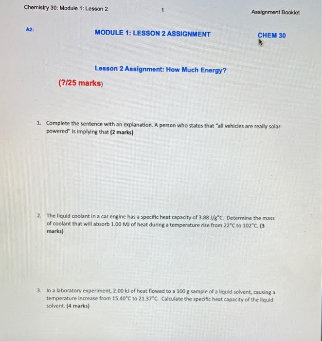 Solved Chemistry 30: Module 1: Lesson 2 Assignment Booklet | Chegg.com