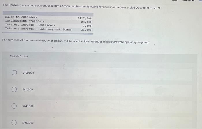Solved The Hardware operating segment of Bloom Corporation | Chegg.com