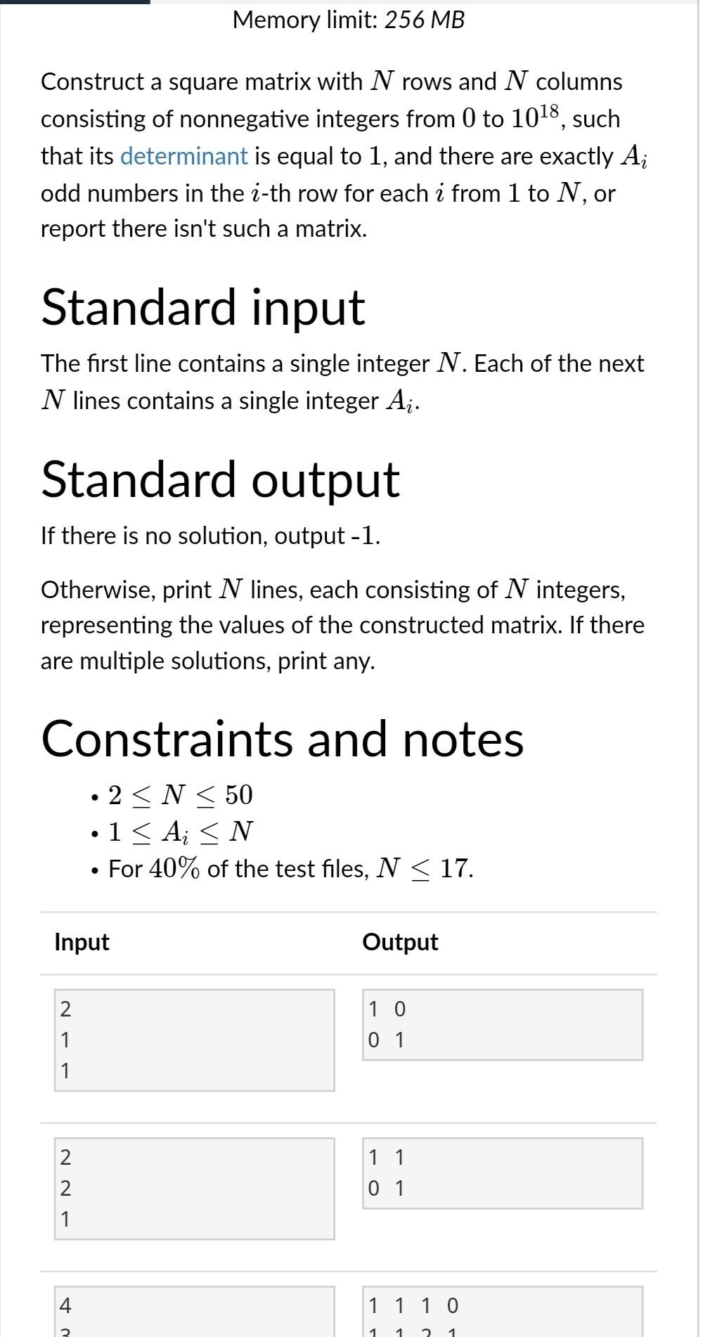 Solved Memory limit: 256 MB Construct a square matrix with N | Chegg.com