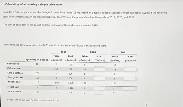 Solved 1. Calculating inflation using a simple price index | Chegg.com