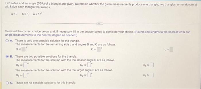 Solved Two sides and an angle (SSA) of a triangle are given. | Chegg.com