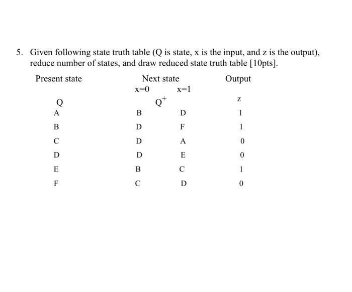 Solved 5. Given following state truth table (Q is state, x | Chegg.com