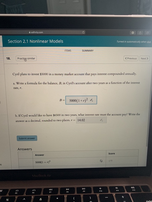 Solved edfinity.com Section 2.1 Nonlinear Models Turned in | Chegg.com