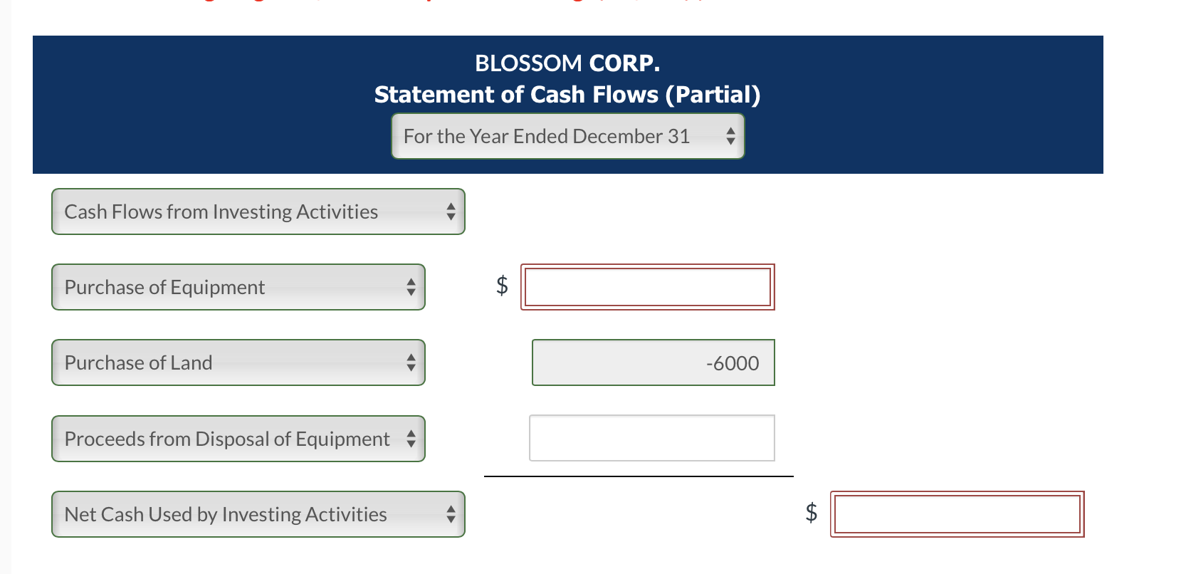 Solved BLOSSOM CORP.Statement of Cash Flows (Partial)For the | Chegg.com