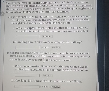 Solved Two toy racecars race along a circular race track. | Chegg.com