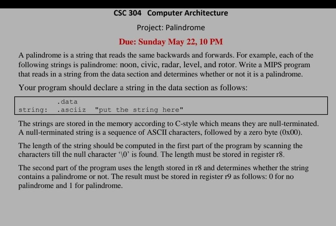 Solved Csc 304 Computer Architecture Project Palindrome 0830