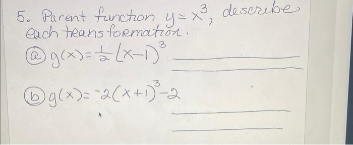 Solved 5. Parent function y=x3, descrebe each treans | Chegg.com