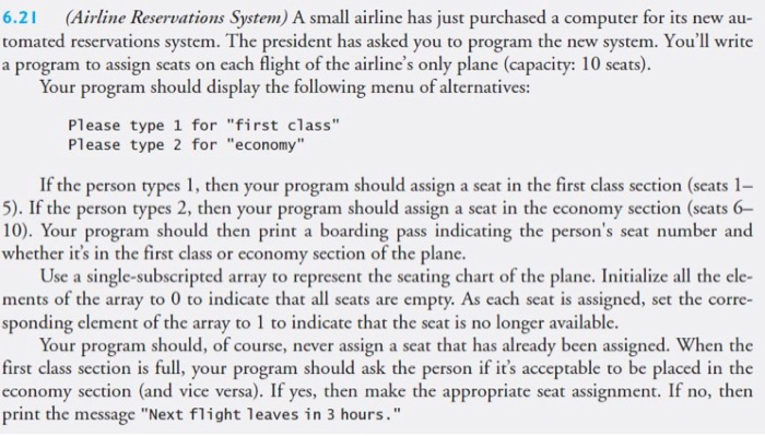 Solved 6.21 (Airline Reservations System) A small airline | Chegg.com