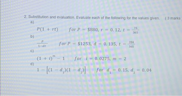 Solved 2. Substitution and evaluation. Evaluate each of the | Chegg.com