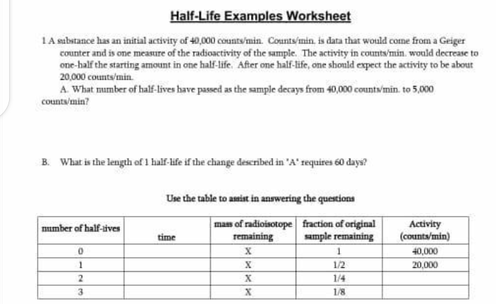 Solved Half-Life Examples Worksheet 1 A silstance has an | Chegg.com