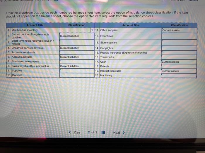From The Dropdown Box Beside Each Numbered Balance Sheet Item Select 