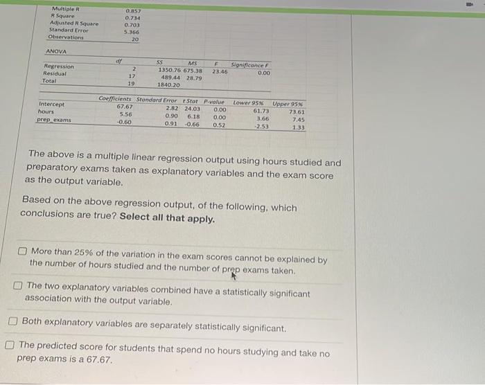 Solved Multiple R Square Adjusted R Square Standard Error | Chegg.com
