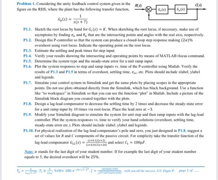 Solved Problem 1. Considering the unity feedback control | Chegg.com