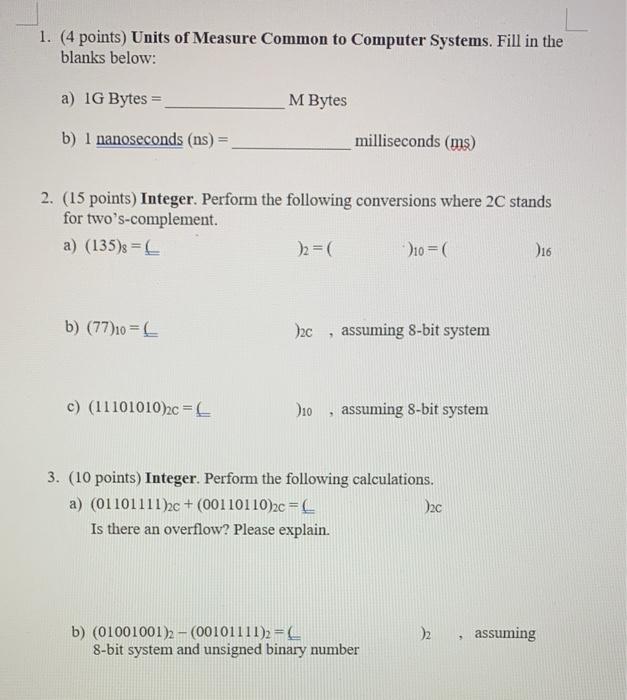 Solved 1. (4 points) Units of Measure Common to Computer | Chegg.com