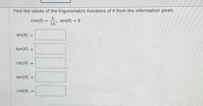 Solved Find the values of the trigonometric functions of | Chegg.com