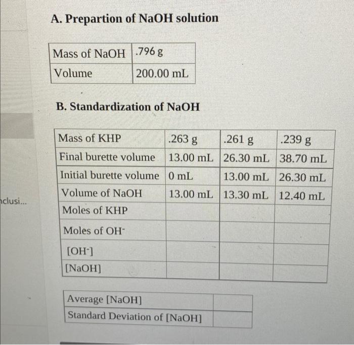 Solved A. Prepartion of NaOH solution B. Standardization of | Chegg.com