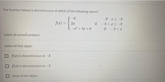 Solved The function below is discontinuous at which of the | Chegg.com