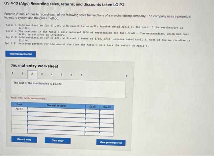 Solved QS 4-10 (Algo) Recording sales, returns, and | Chegg.com