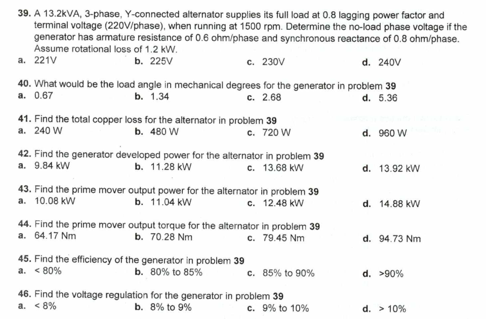 Solved A 13.2kVA, 3-phase, Y-connected alternator supplies | Chegg.com