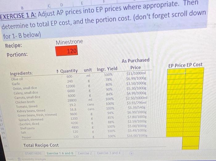 EXERCISE 1 A: Adjust AP prices into EP prices where | Chegg.com