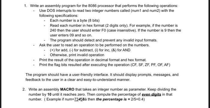 Solved 1. Write an assembly program for the 8086 processor | Chegg.com