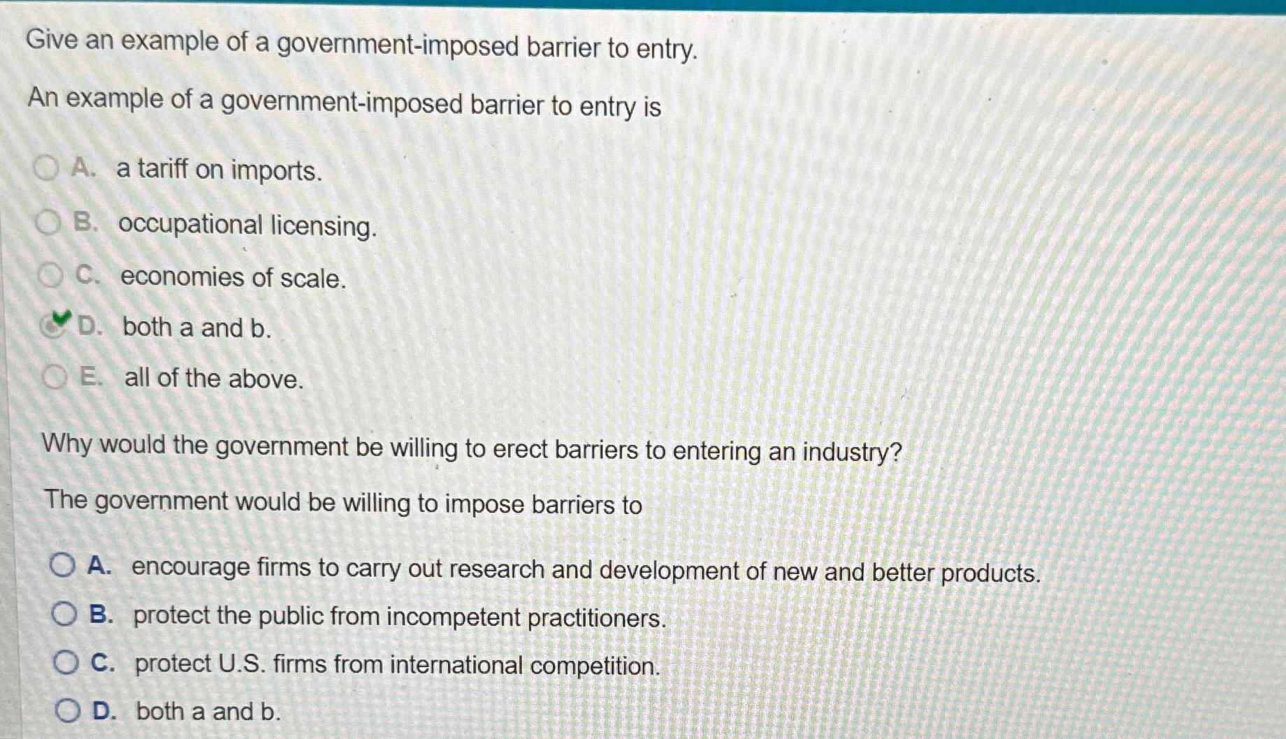Solved Give an example of a government-imposed barrier to | Chegg.com