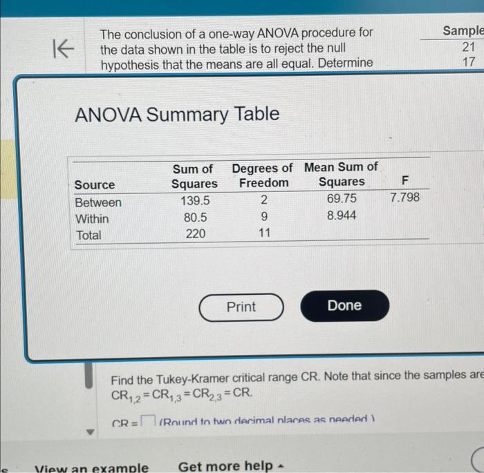 Solved The conclusion of a one-way ANOVA procedure for the | Chegg.com