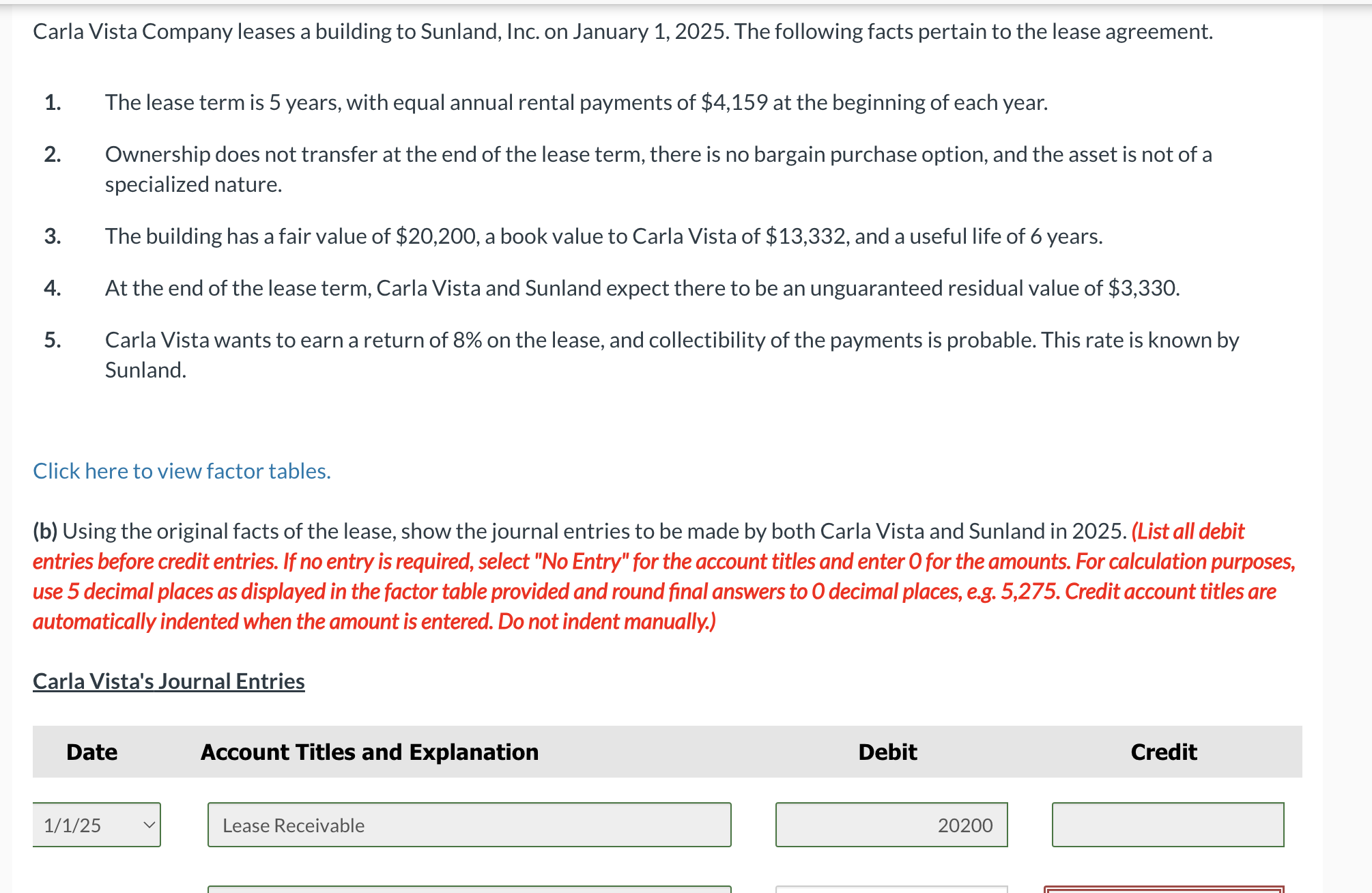 Solved Carla Vista Company leases a building to Sunland, | Chegg.com