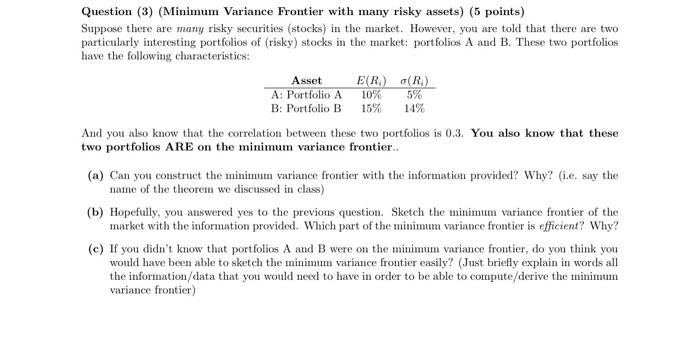 Solved 14% Question (3) (Minimum Variance Frontier with many | Chegg.com