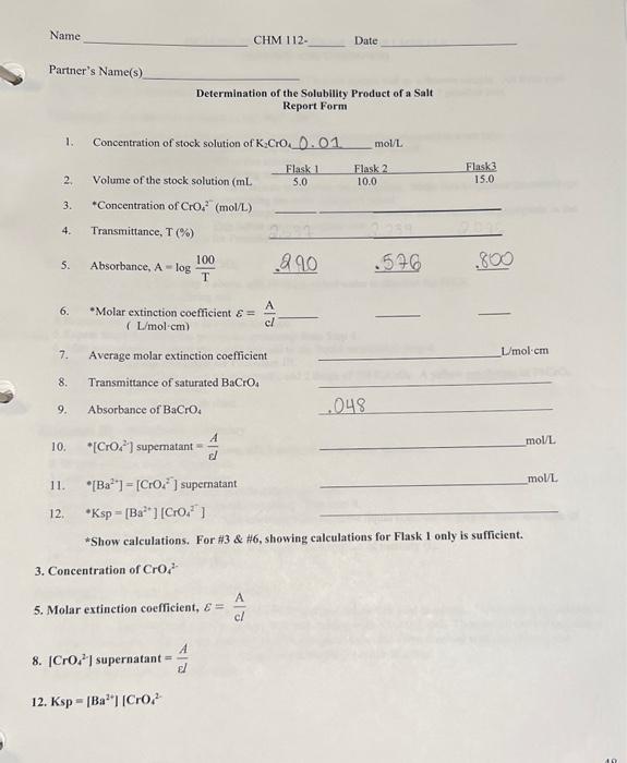 Solved Name CHM 112. Date Partner's Name(s) Determination of | Chegg.com