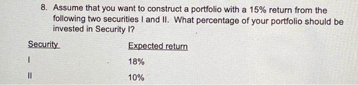 Solved 8. Assume that you want to construct a portfolio with | Chegg.com