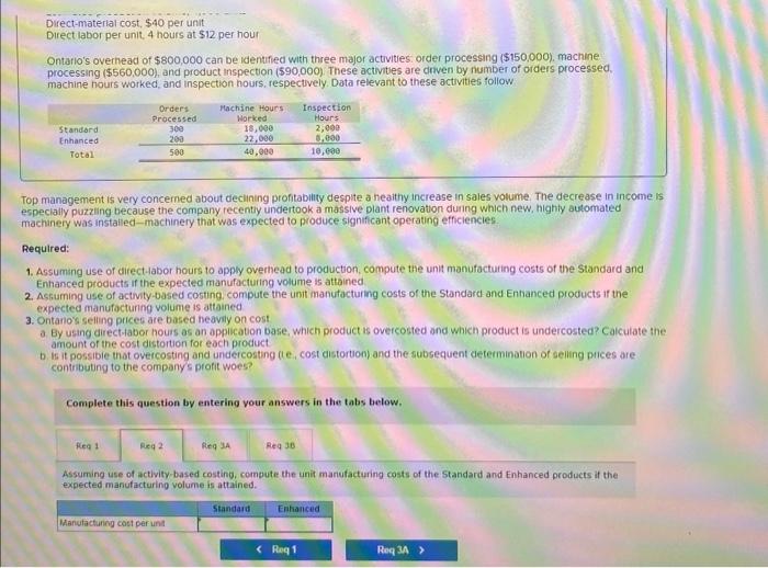 Direct-materlai cost, $40 per unit Direct labor per | Chegg.com