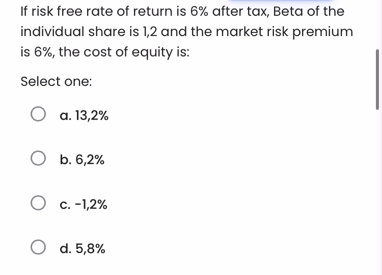 Solved If risk free rate of return is 6% ﻿after tax, Beta of | Chegg.com