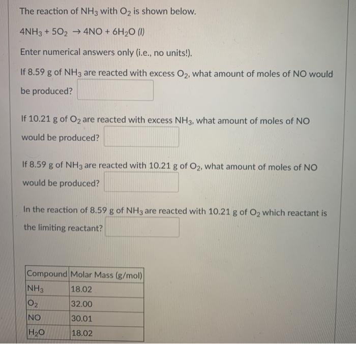 Solved The reaction of NH3 with O2 is shown below. 4NH3 + | Chegg.com