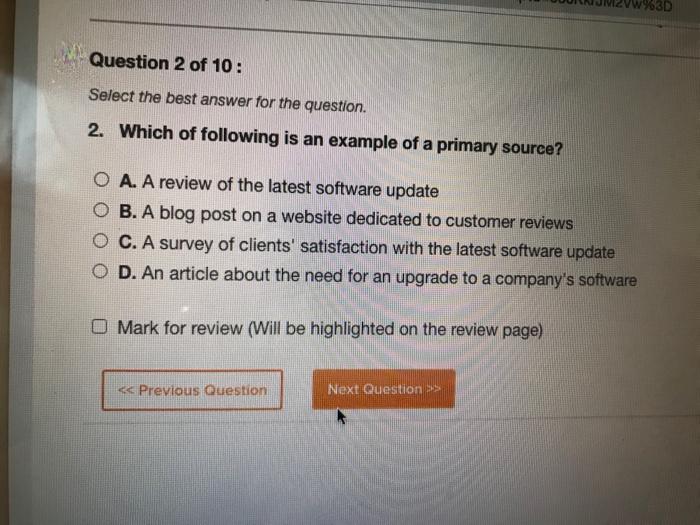 Solved Question 1 of 10 : Select the best answer for the | Chegg.com