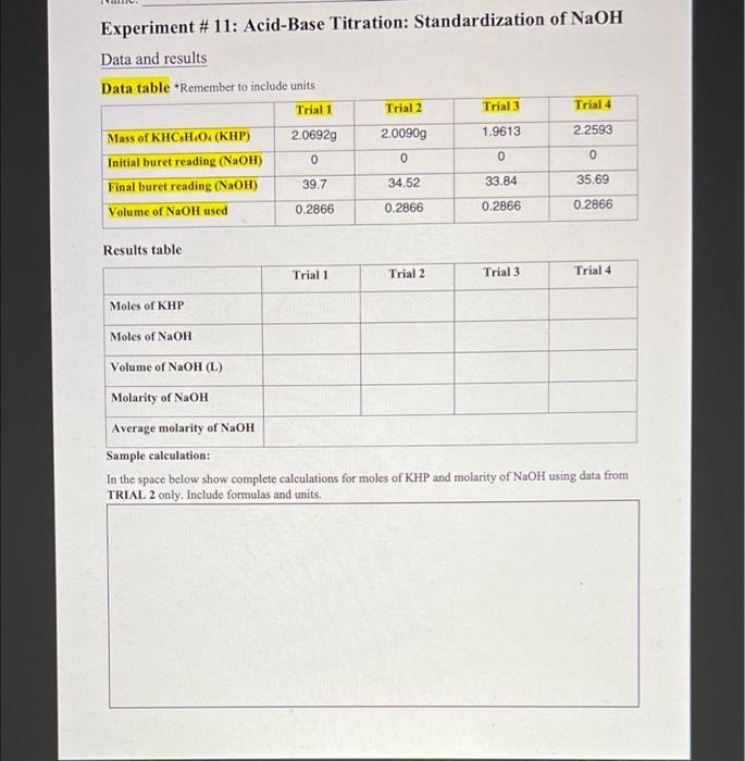 Solved Experiment #11: Acid-Base Titration: Standardization | Chegg.com