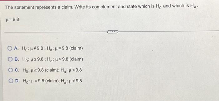 Solved The statement represents a claim. Write its | Chegg.com