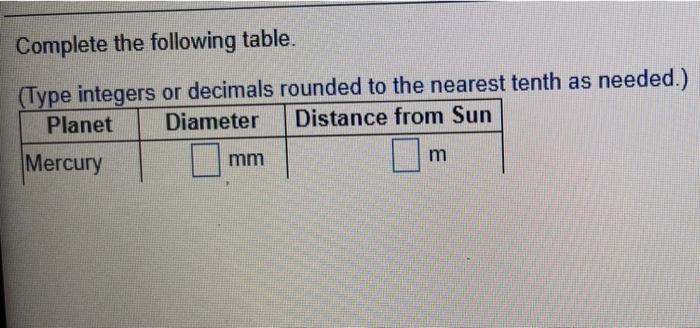 Solved The table to the right gives size and distance for | Chegg.com