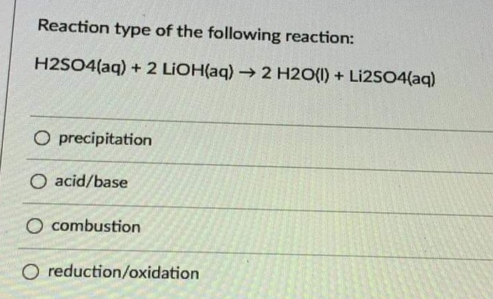 Solved Reaction type of the following reaction: H2SO4(aq) + | Chegg.com