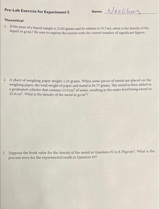Solved Pre-Lab Exercise for Experiment 5 Name: Neslihan | Chegg.com
